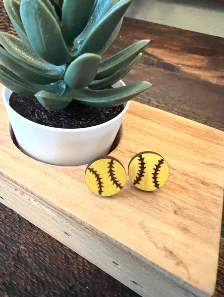 Softball Wood Stud Earrings – Rivers’ Rustic Designs